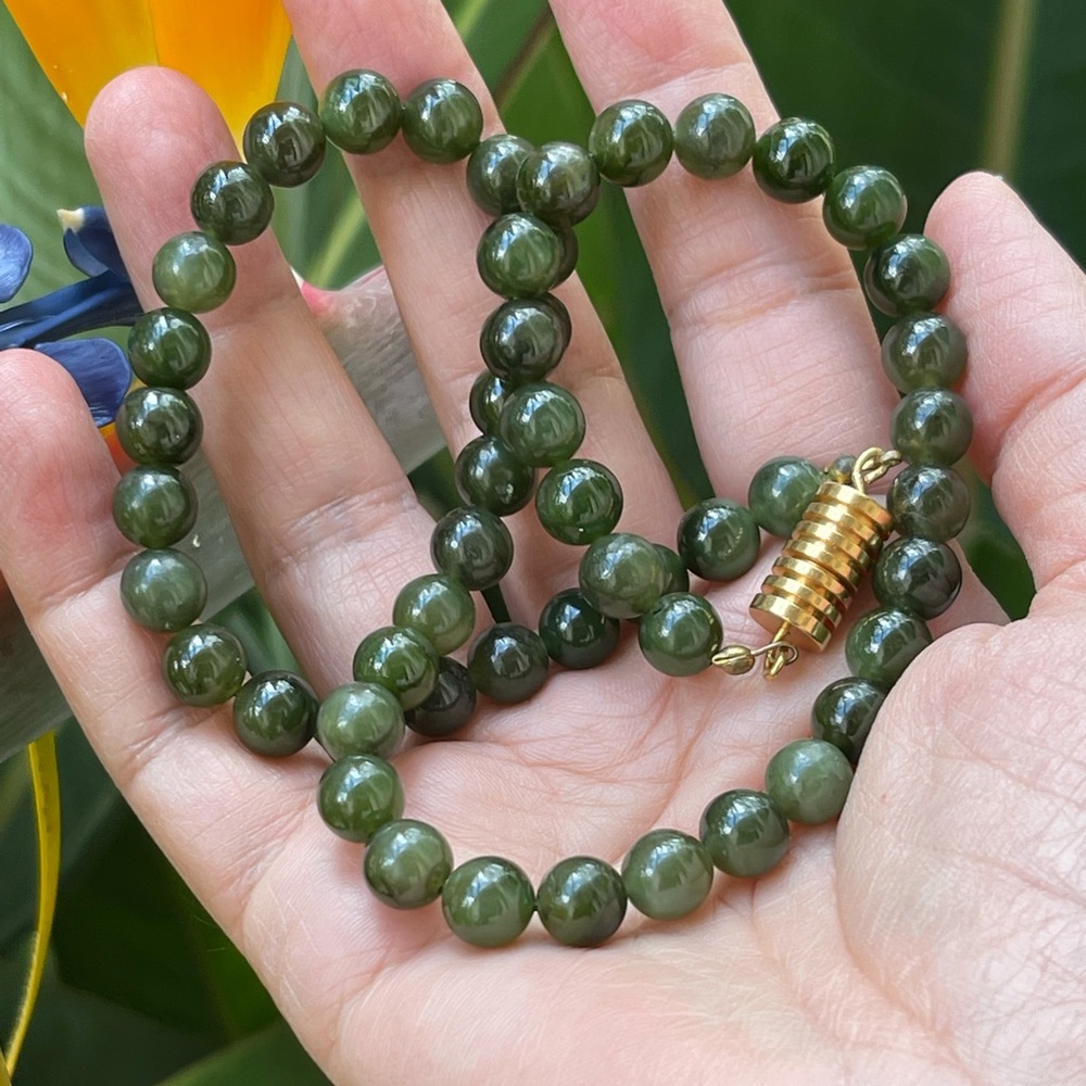 Natural Genuine Spinach Green Nephrite Jade Bead Gold… - Gem
